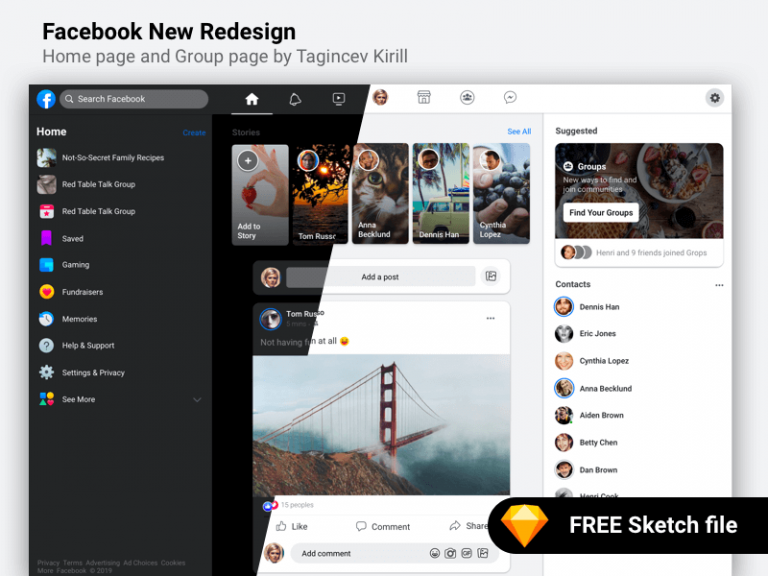 Facebook Redesign Desktop Concept - Free Sketch Resource | Sketch Elements
