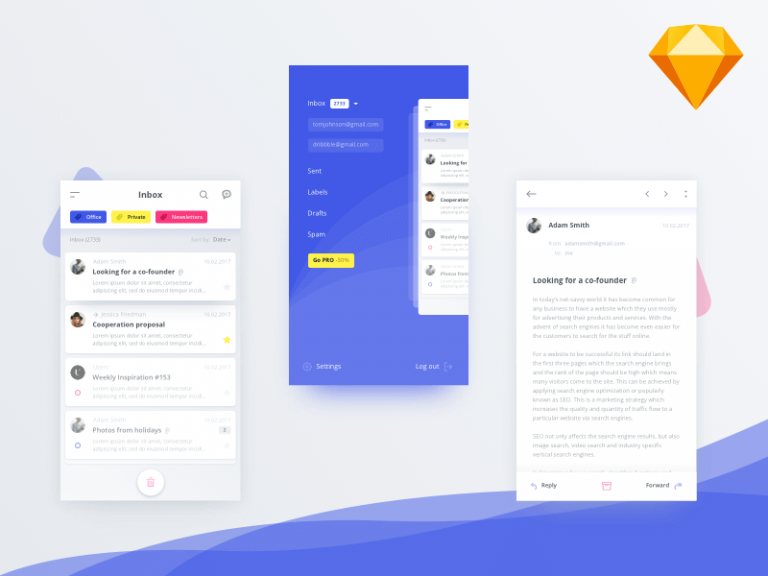 Mail Client App UI Kit - Free Sketch Resource | Sketch Elements