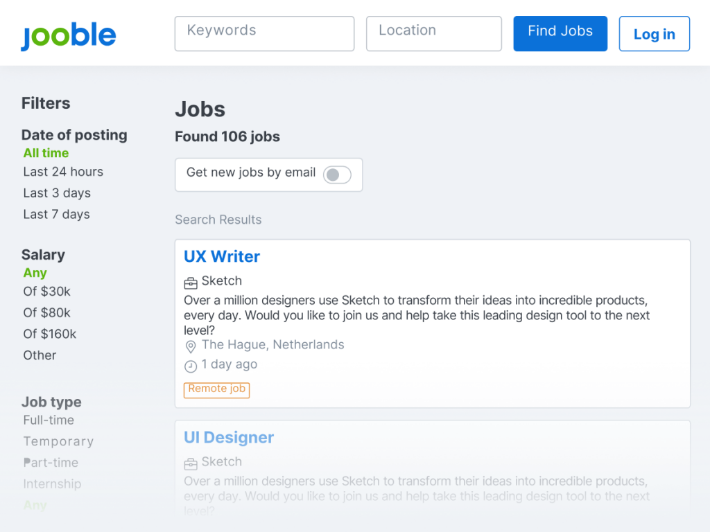 Jooble Job Search Template - Free Sketch Resource | Sketch Elements